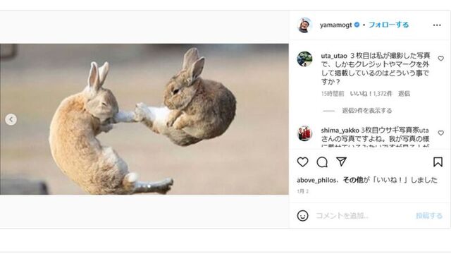 「うちの写真が勝手に使用されていてショック」極楽とんぼ山本圭壱がうさぎ写真をインスタに無断利用で炎上 ← 西野未姫ちゃんと結婚して良い方向にいくかと期待してたのに未姫ちゃんに迷惑かかるからやめ 